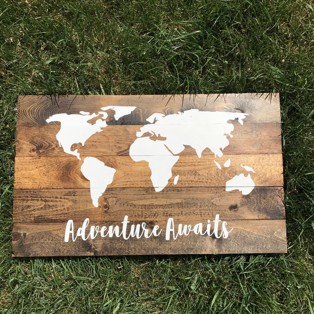Adventure Awaits Wooden Map Sign, World Map Sign, Rustic Map Sign ...