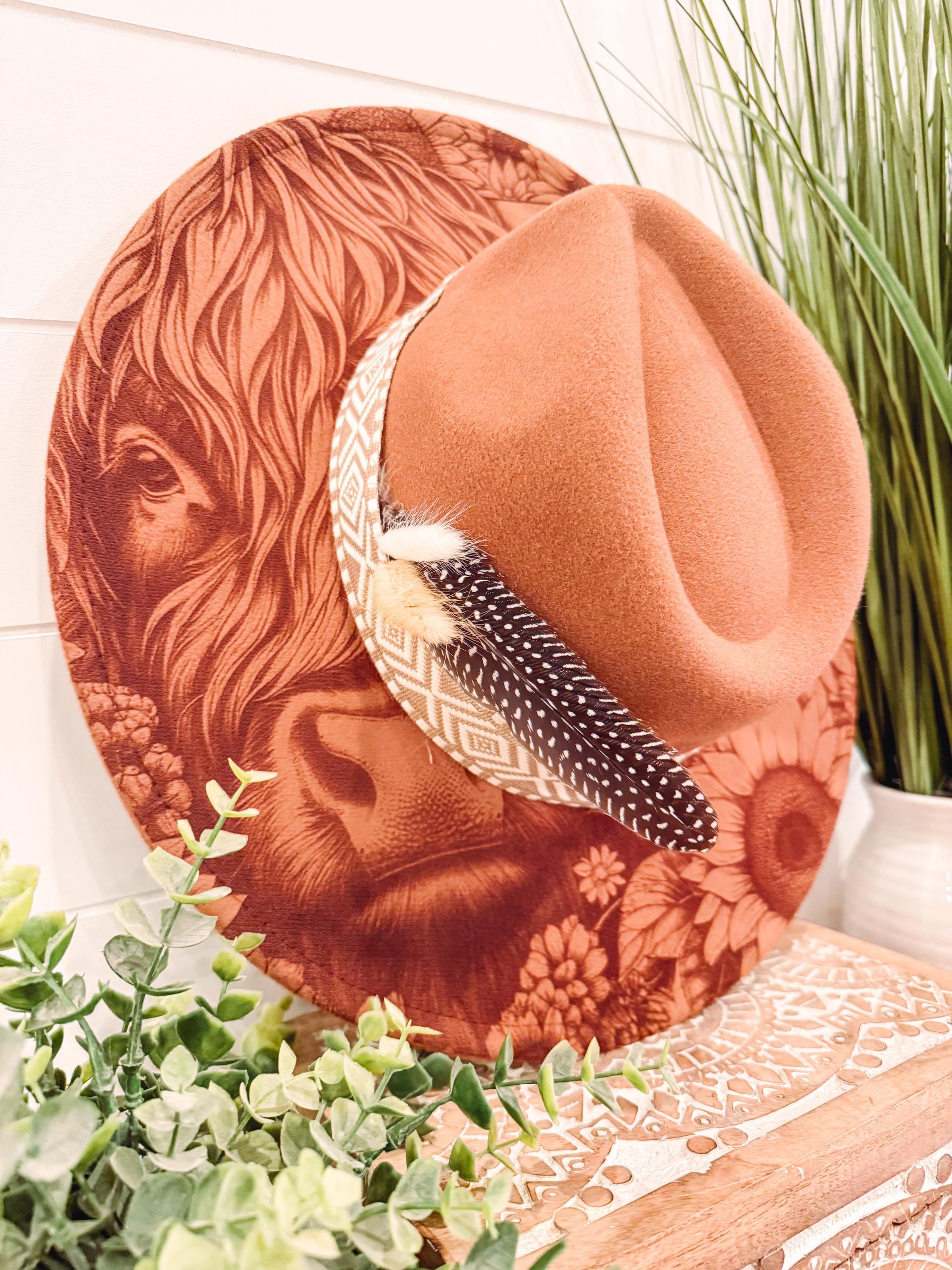 Aztec Highland Cow Burned Hat, Sunflower Engraved Cowboy Hat, Sunflower ...