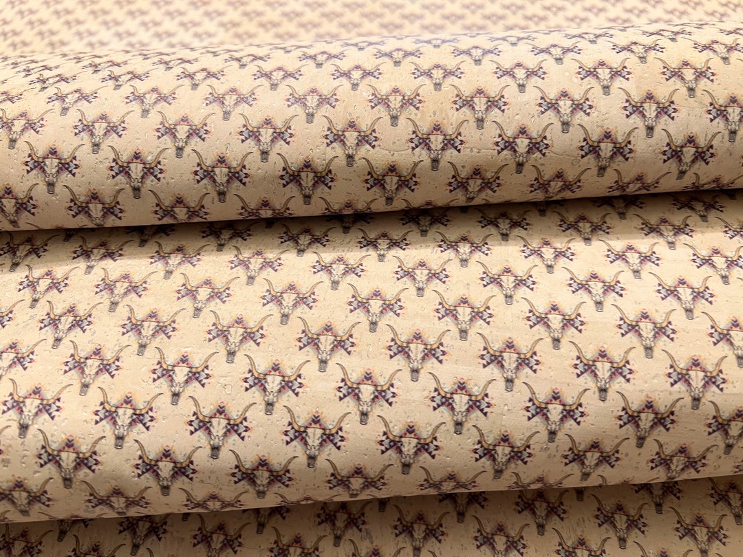 Natural Cork Fabric –small Floral Longhorns Custom Print | Fabric Sheet ...