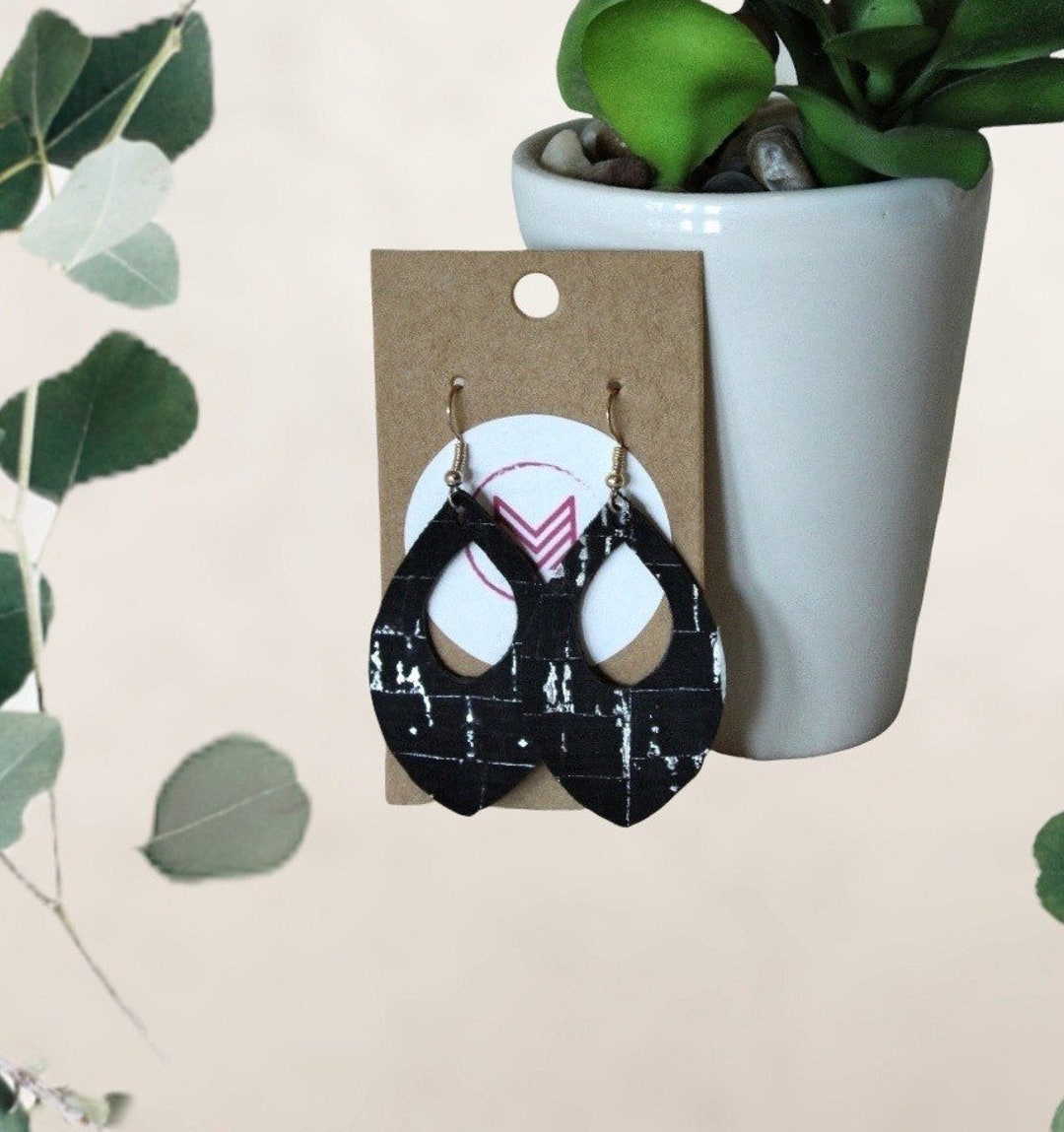 Cork Drop Earrings All Natural Cork Black and Silver Color Eco Friendly ...