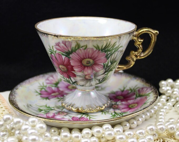 October Cosmos Tea Cup and Saucer Iridescent Pink Cosmo Flowers Gift ...