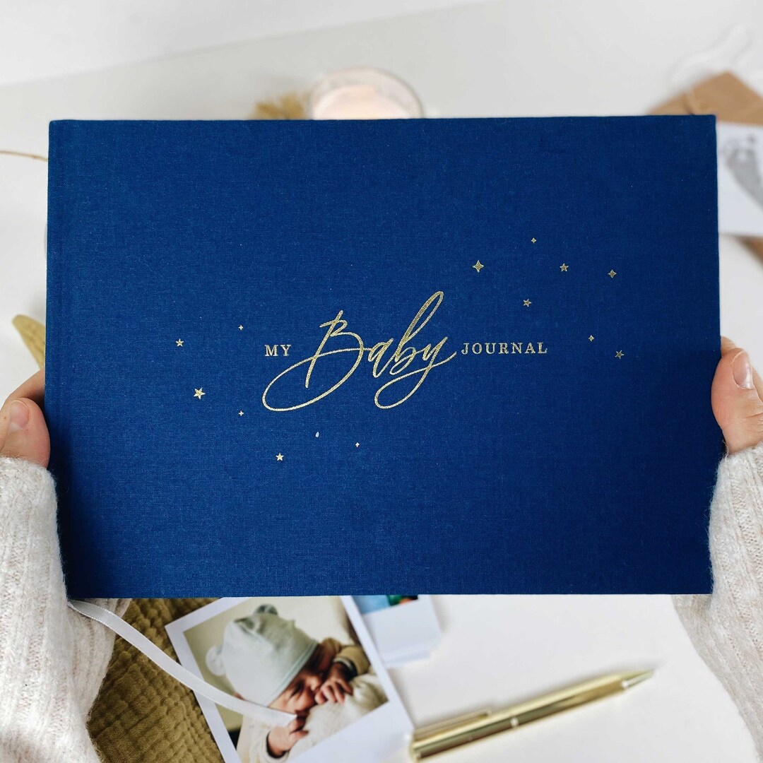 Luxury Baby Memory Book (my Baby Journal - Blue Cotton Cloth With Gold ...