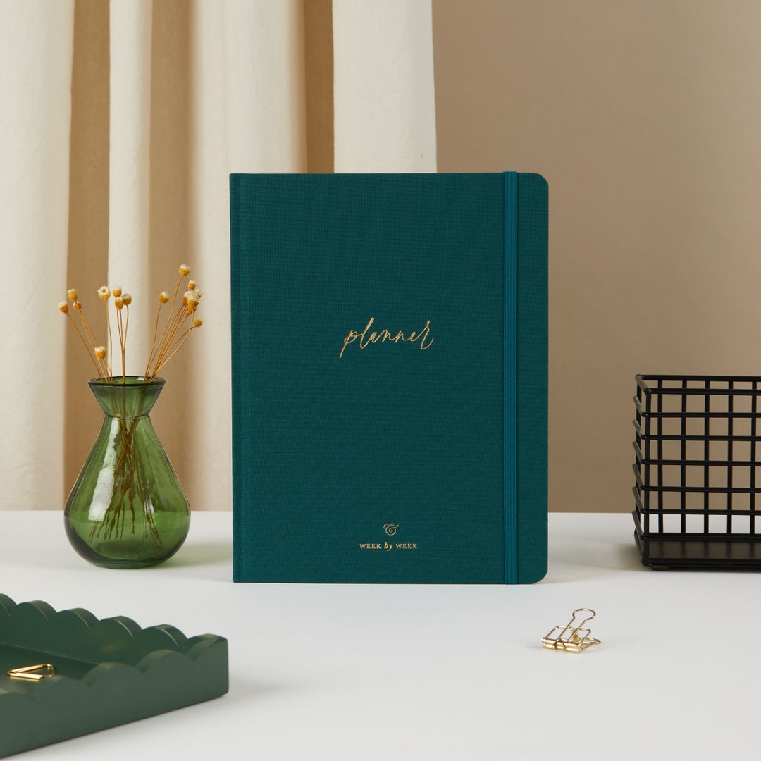 Green Cloth Undated Weekly Planner - Gold Gilded Edges - 12 Month ...