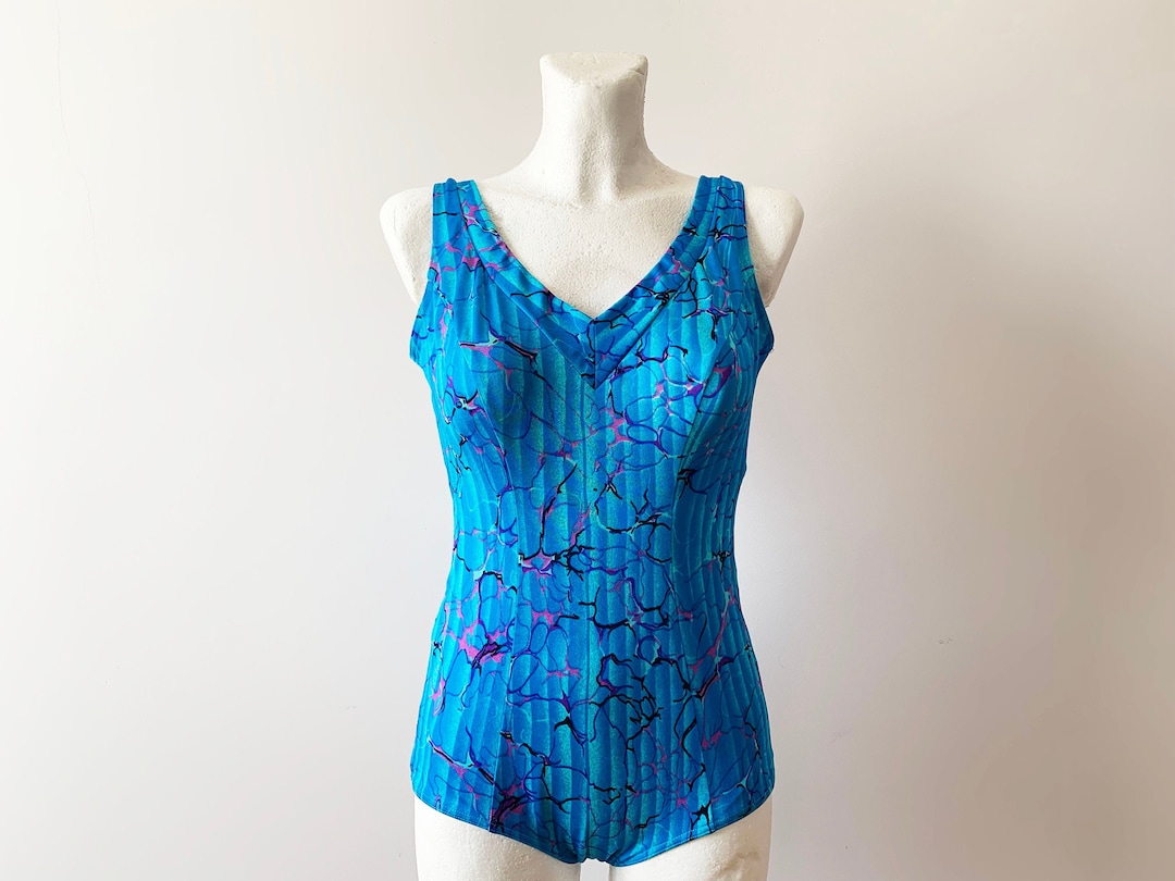 Vintage 60s 70s One Piece Swimsuit Open Back Bright Bright Blue ...