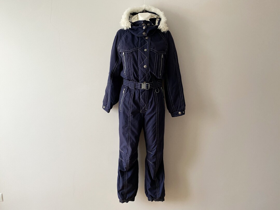 Vintage Navy Blue One Piece Ski Suit 90s Warm Snowsuit Hood With Fur ...