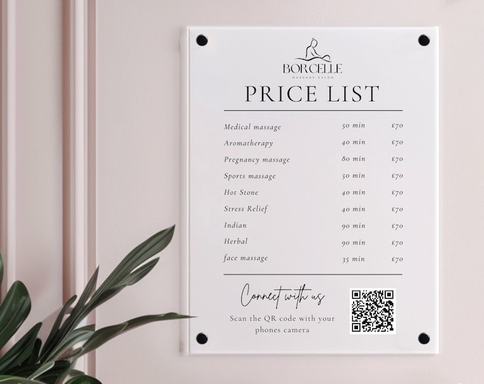 Customizable Acrylic Price Menu With QR Code for Salons, Spas, and ...