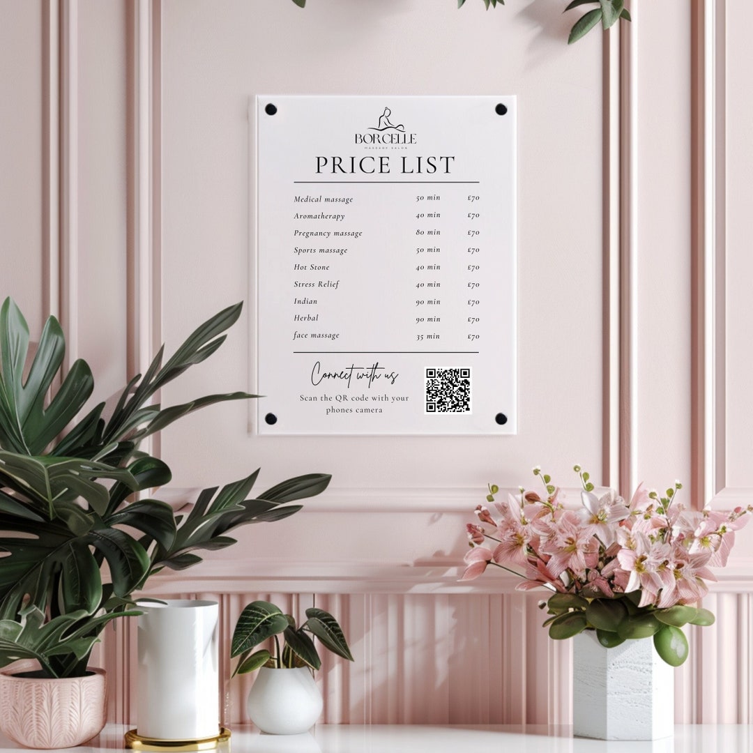 Personalised Acrylic Price List & QR Code | Beauty Salon Wall Sign ...
