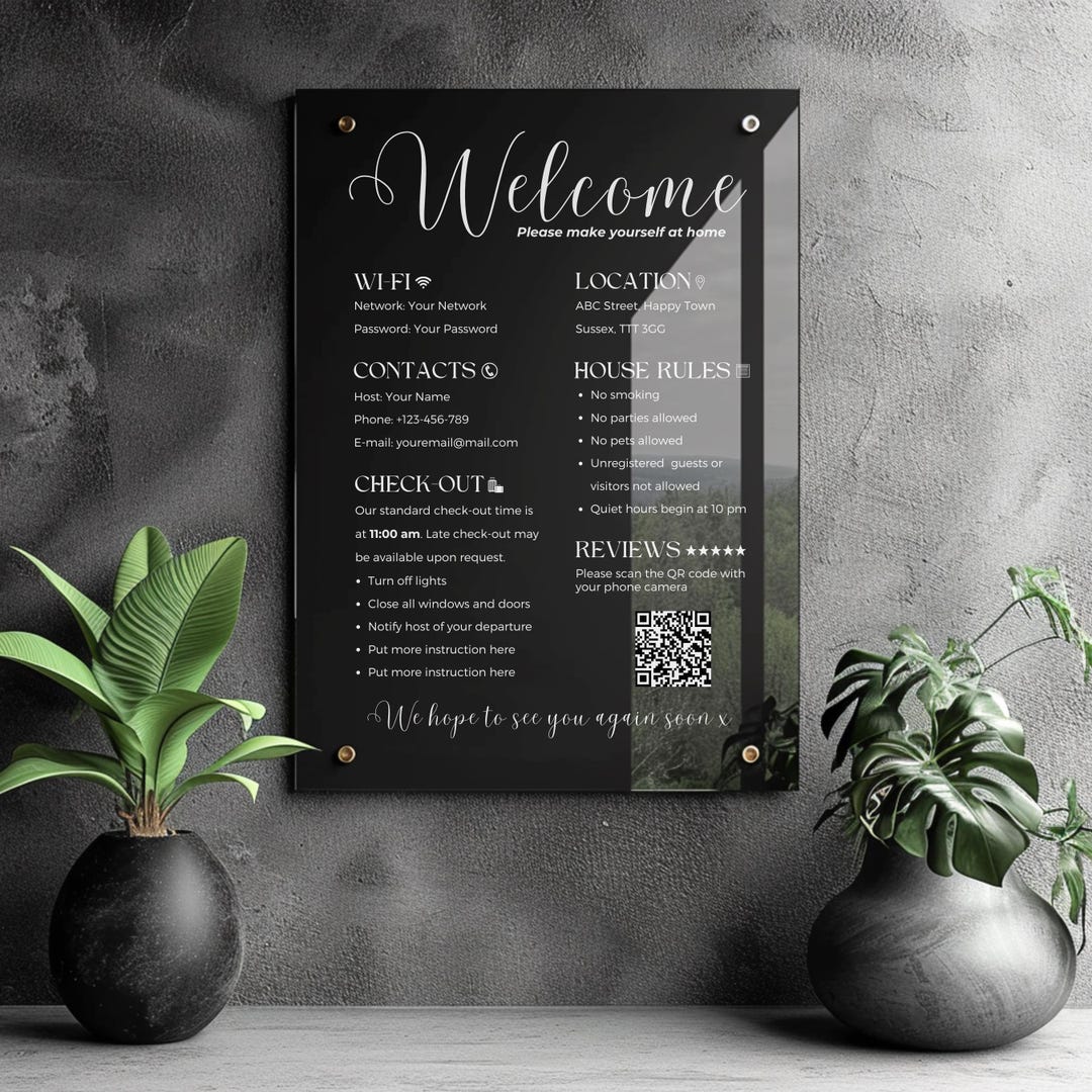 Personalized Acrylic Airbnb Welcome Sign: QR Code, House Rules - Etsy
