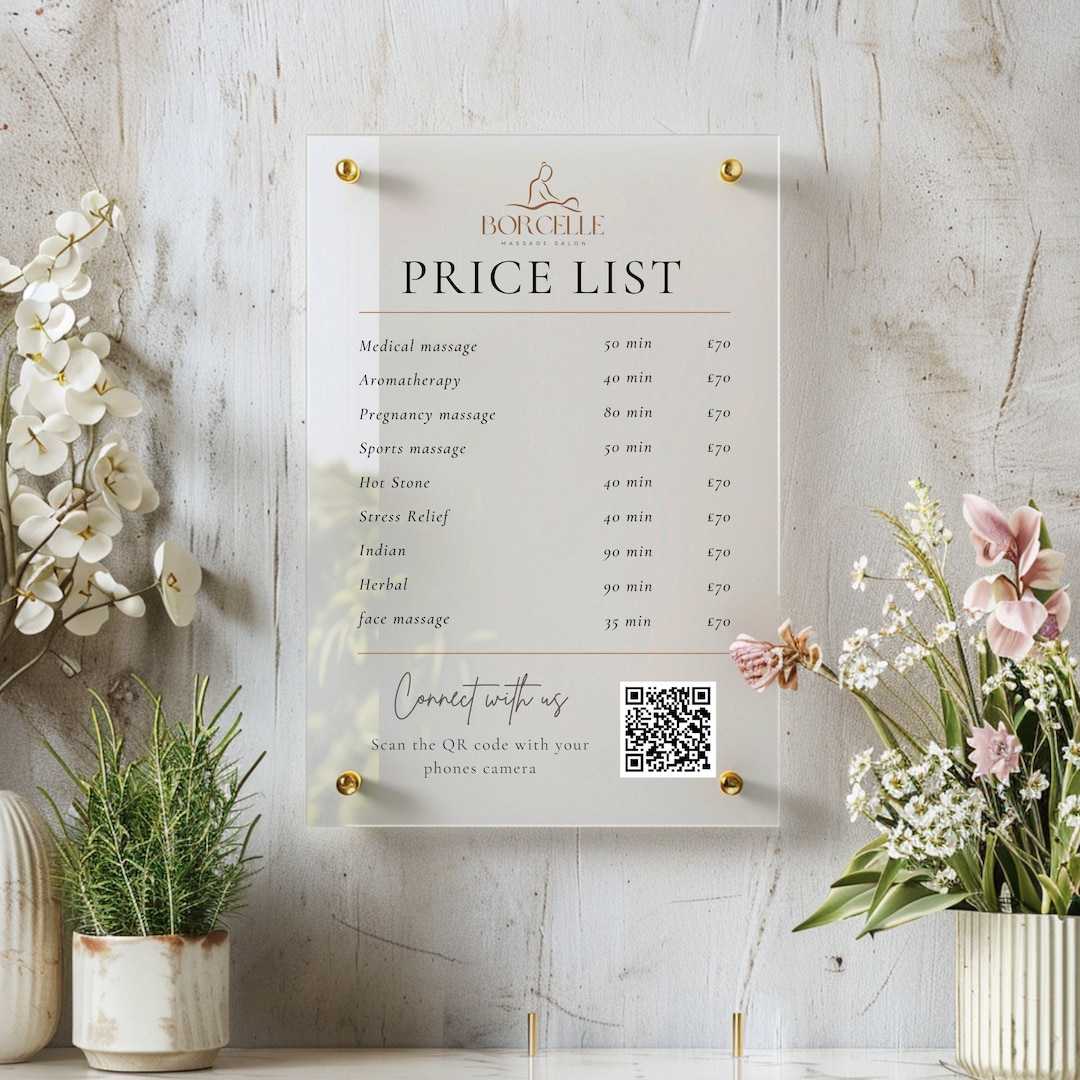 Personalised Acrylic Price List & QR Code | Beauty Salon Wall Sign ...