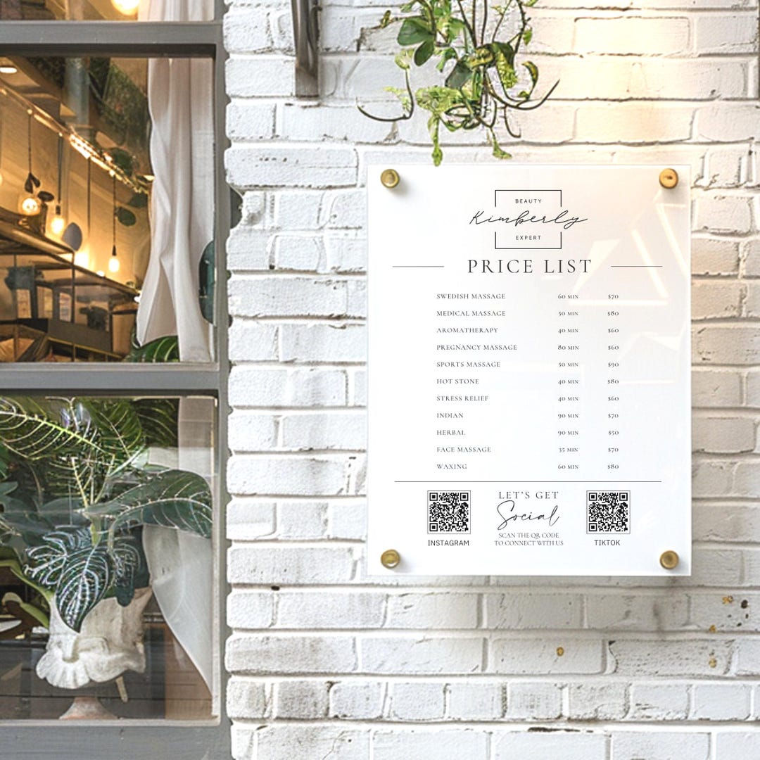 Customizable Acrylic Price List QR Code Sign for Beauty Salons Elegant ...