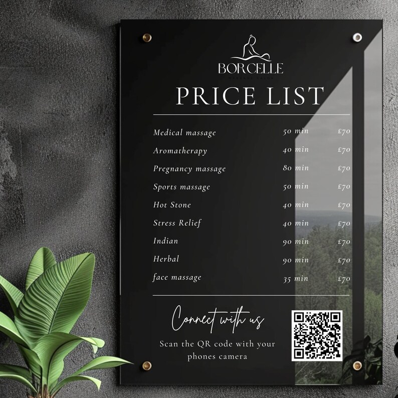 Personalised Acrylic Price List & QR Code | Beauty Salon Wall Sign ...