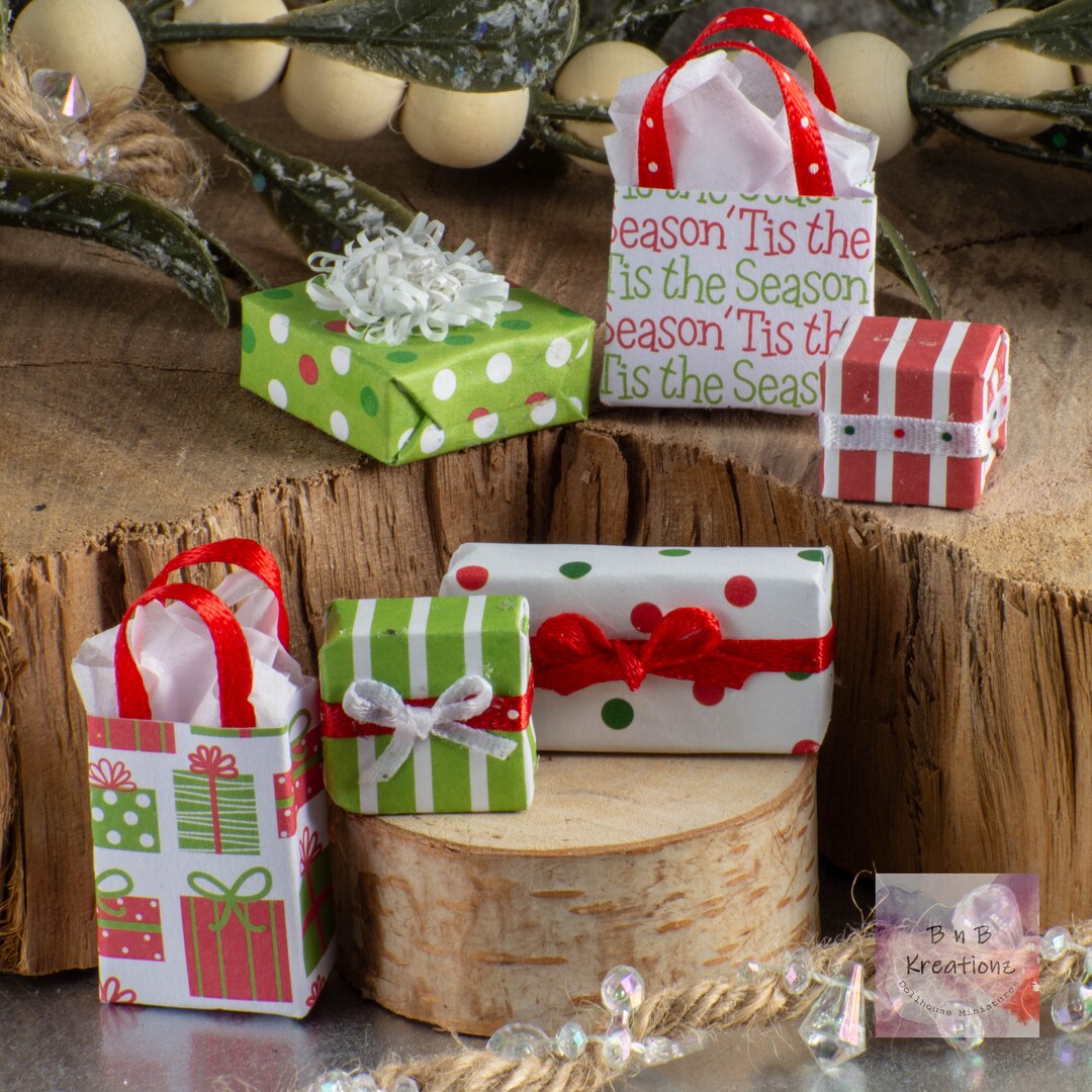 Miniature Present Set With Bright Stripes, Dots & Colorful Bags for 1: ...