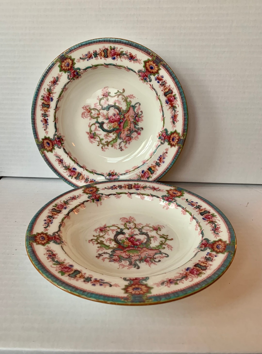 Two Deep Porcelain Plates Royal Cauldon England. Aqua Souvenir Pattern ...