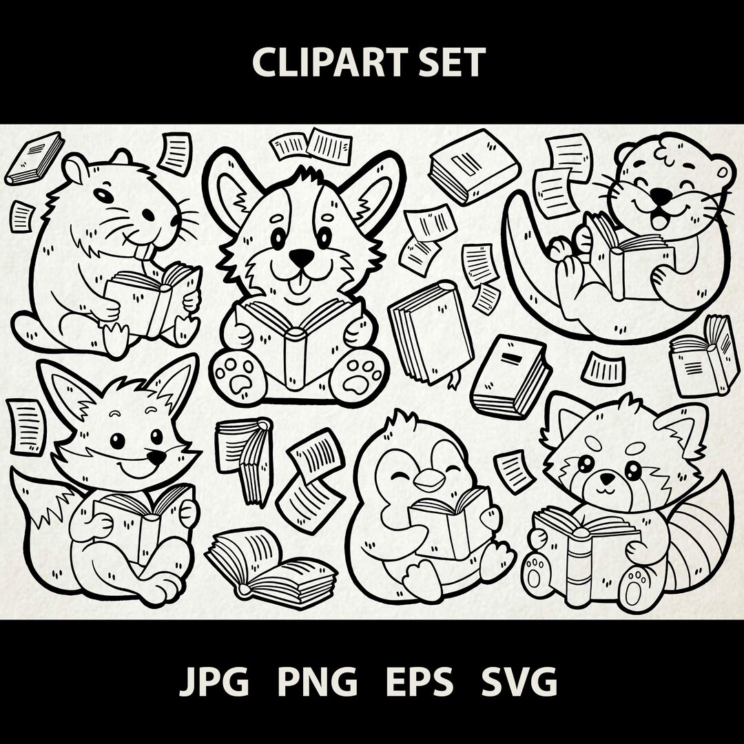 Reading Animals Clipart | Jpg, Png, Eps, Svg | Digital Line Art Vector ...