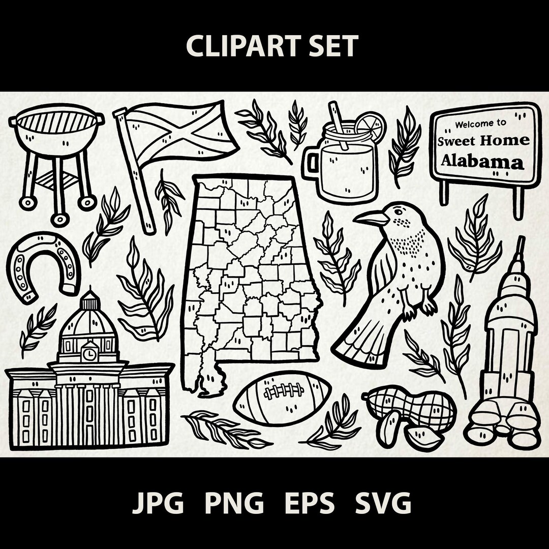 Alabama Clipart | Jpg, Png, Eps, Svg | Digital Line Art Illustration ...