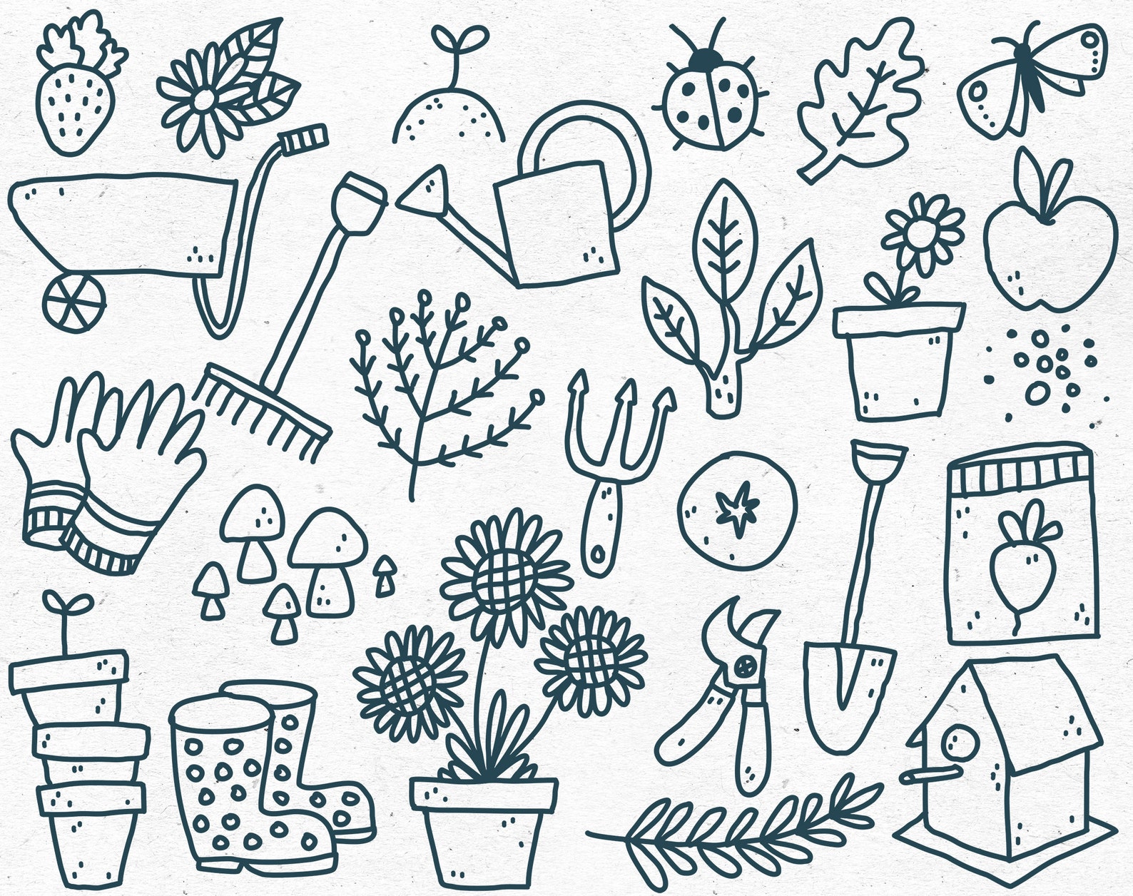 26 Gardening Lineart Doodles / Digital PNG Clipart Graphics / + EPS ...