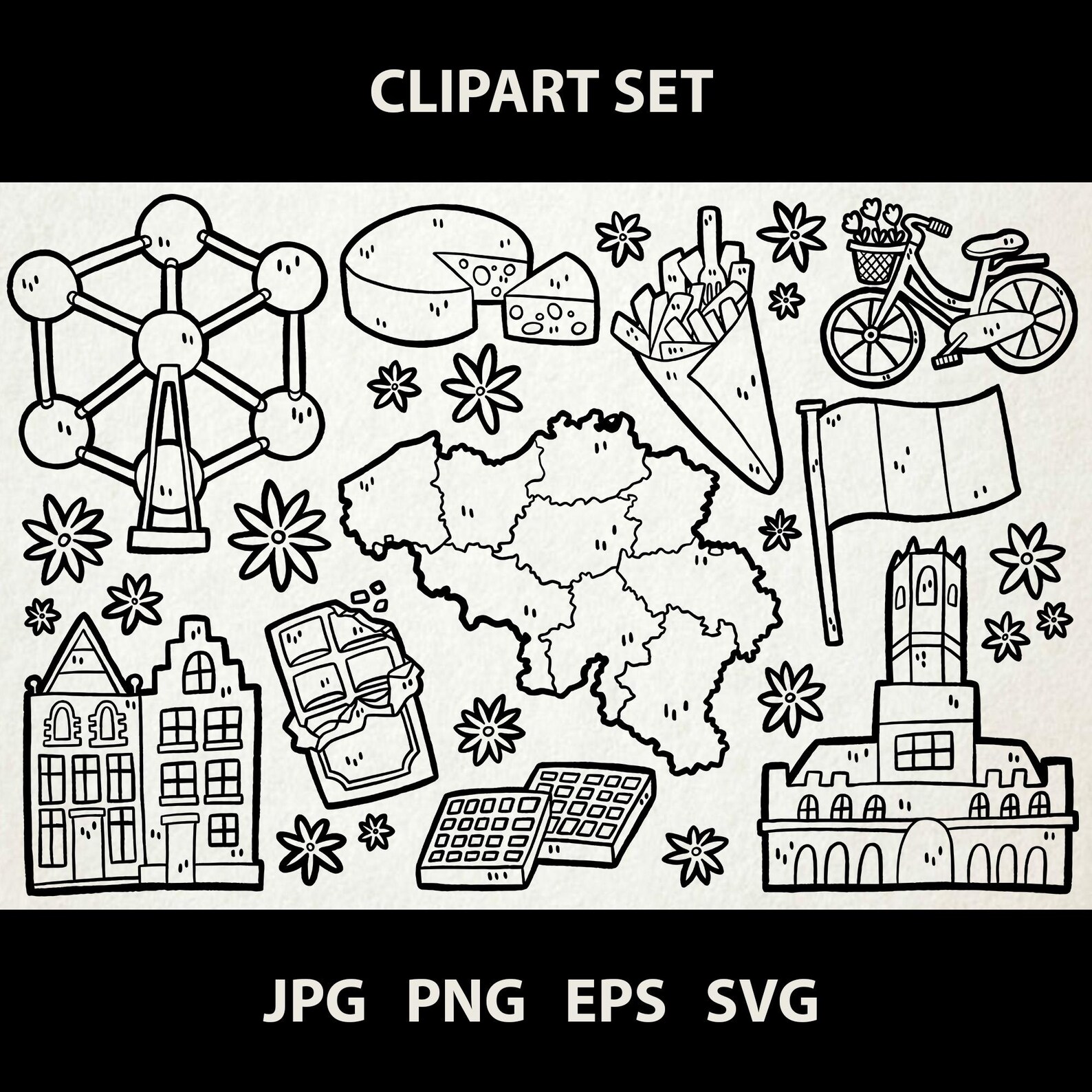 Belgium Line Art Doodles / Digital Clip Art Graphics / Europe, Brussels ...