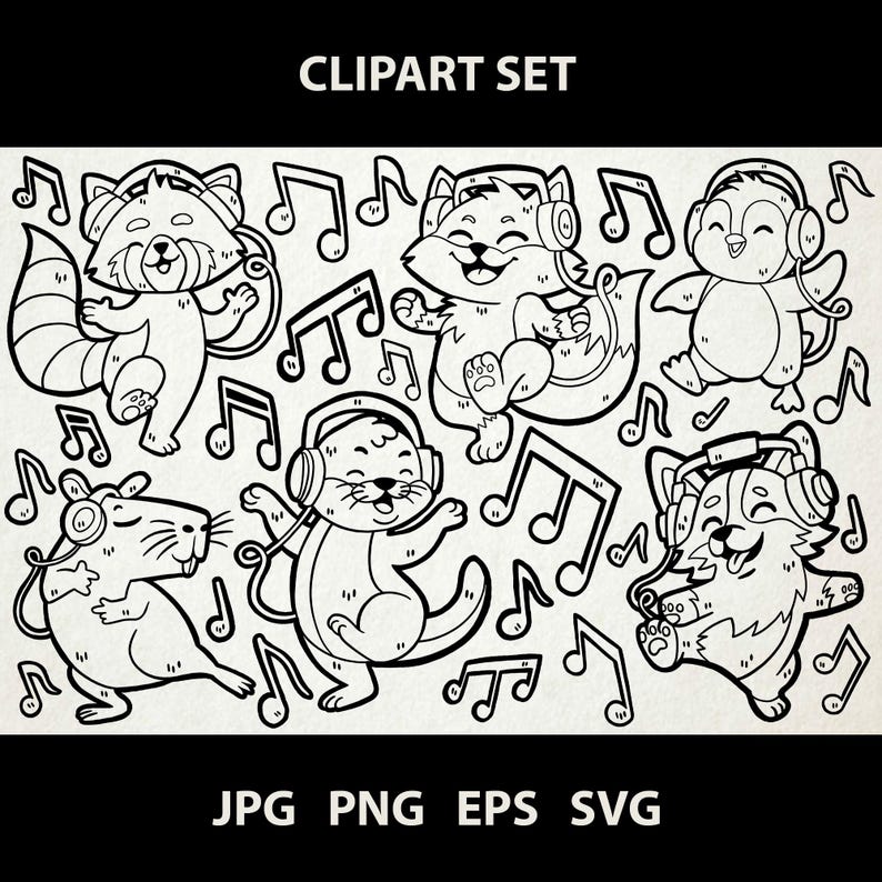 Dancing Animals Clipart | Jpg, Png, Eps, Svg | Digital Line Art Vector ...