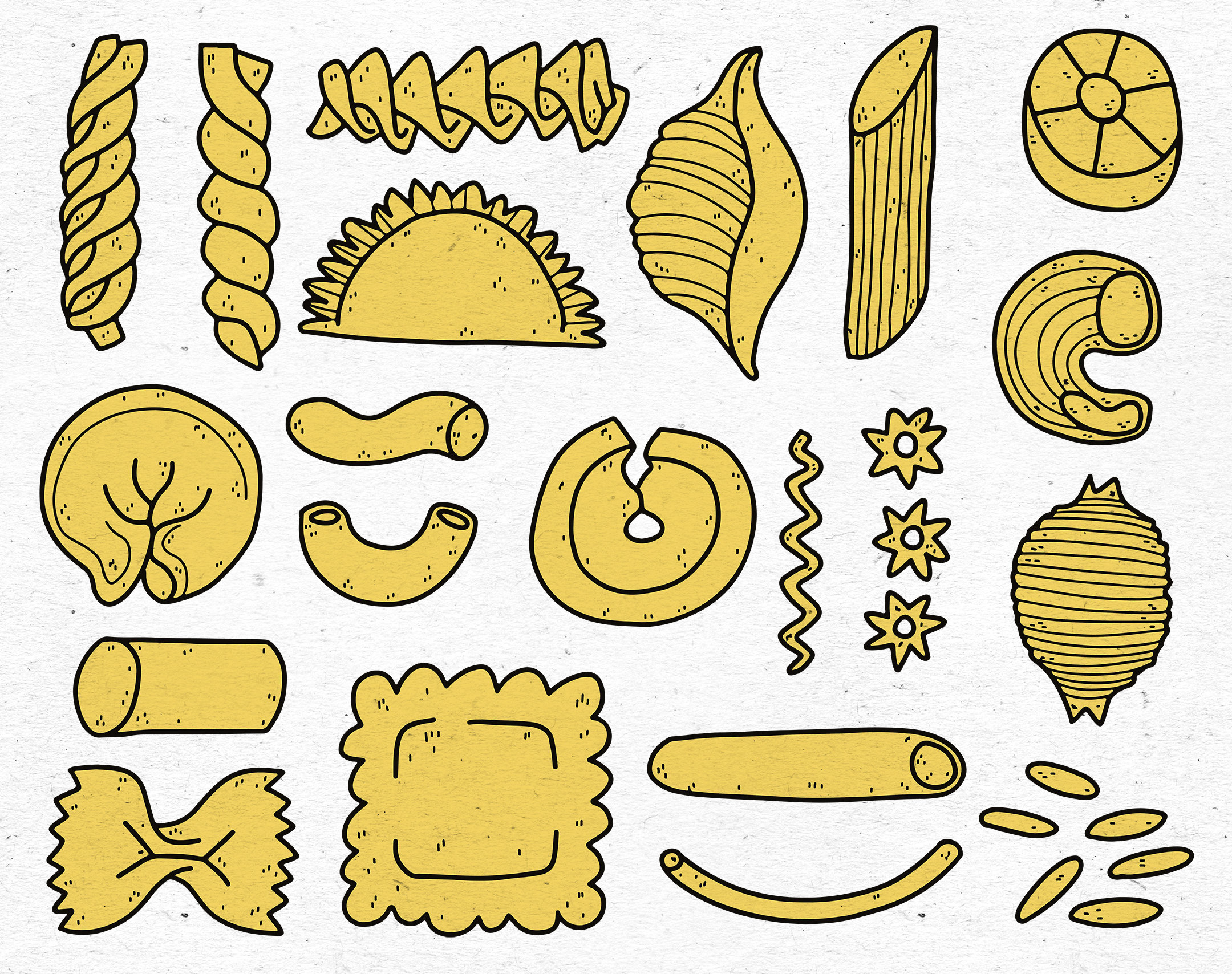 PASTA / Doodled Graphics / Noodles, Penne, Spaghetti, Farfalle, Gemelli ...