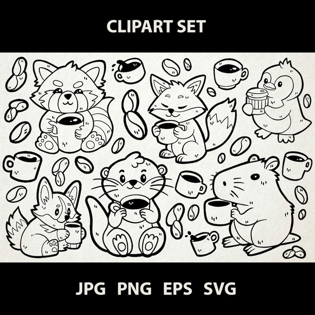 Animals With Coffee Clipart | Jpg, Png, Eps, Svg | Digital Line Art ...