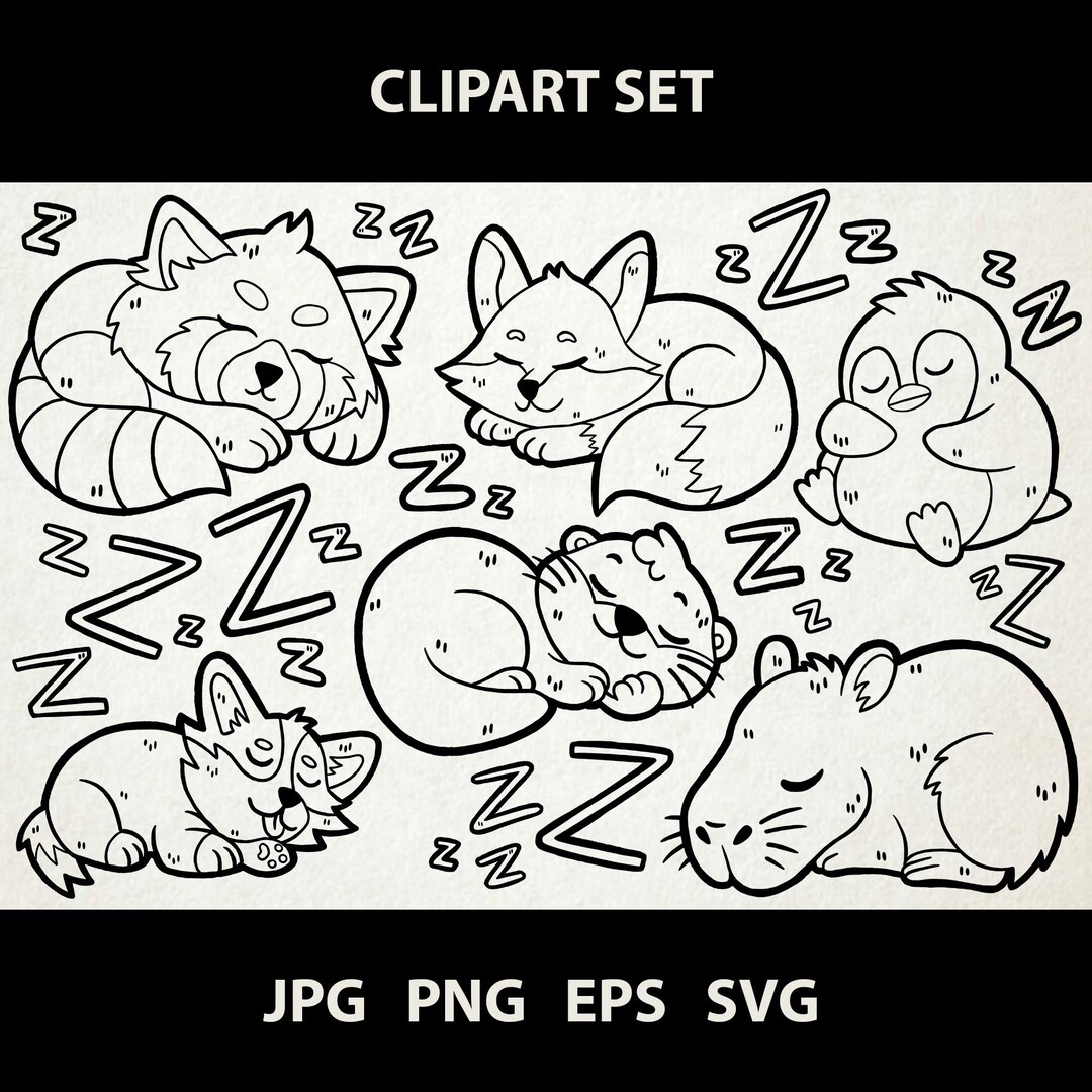 Sleeping Animals Clipart | Jpg, Png, Eps, Svg | Digital Line Art Vector ...