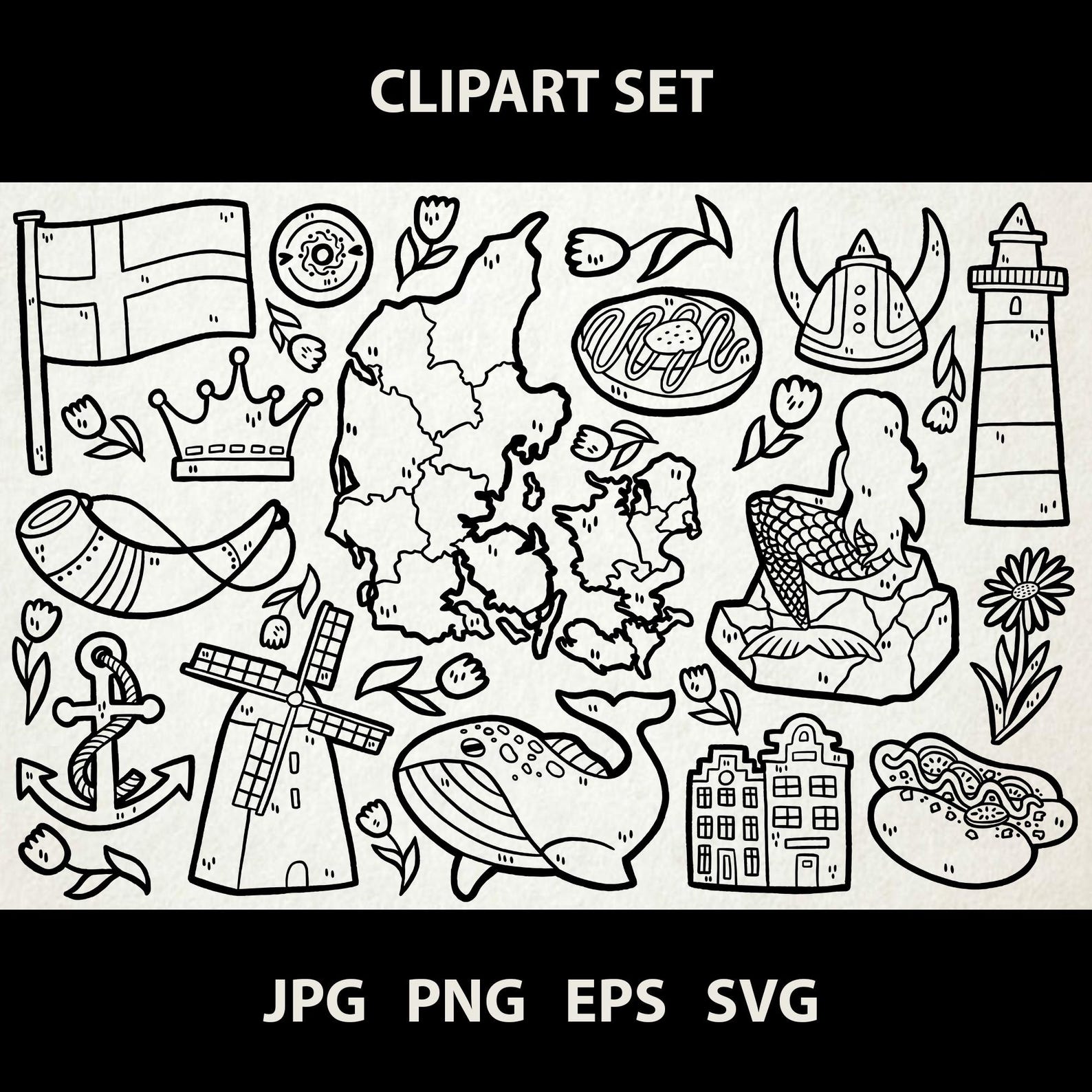 Denmark Clipart | Jpg, Png, Eps, Svg | Digital Line Art Illustration ...
