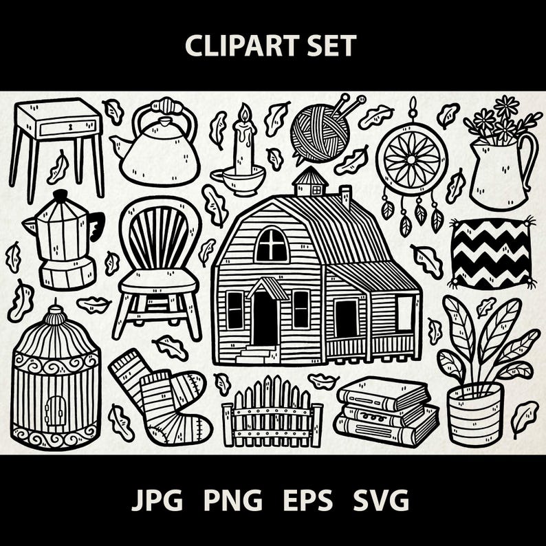 Cottage Clipart | Jpg, Png, Eps, Svg | Digital Line Art Illustration ...