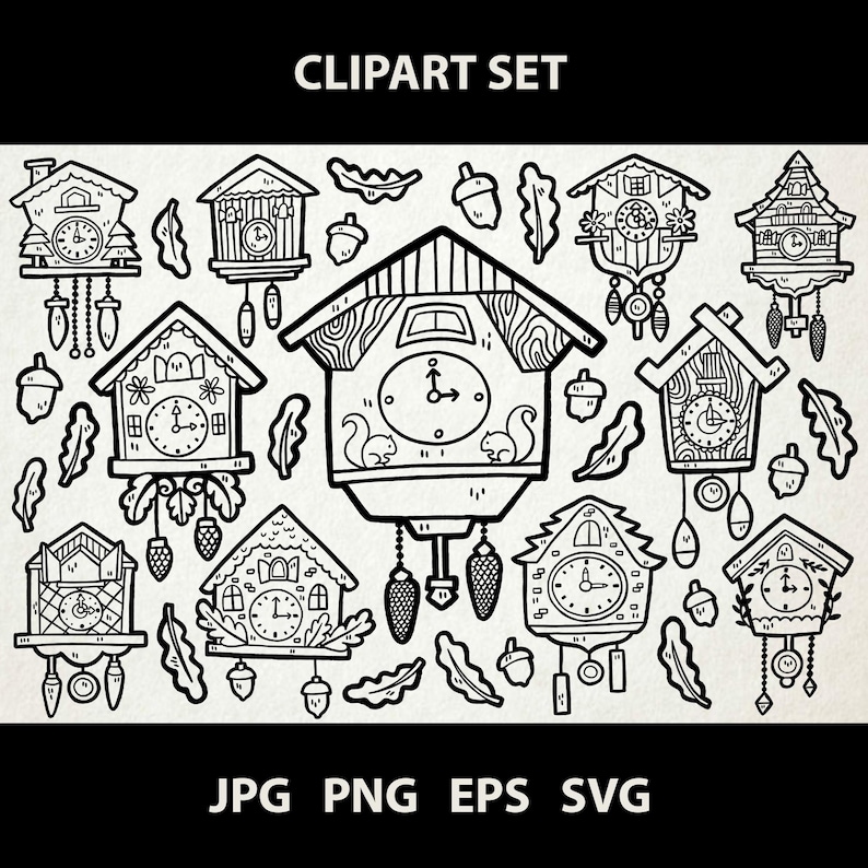 Cuckoo Clock Clipart | Jpg, Png, Eps, Svg | Digital Line Art ...