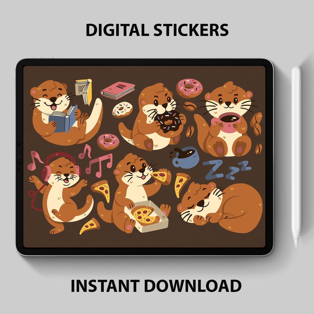 Otter Digital Stickers – Coffee, Books, Donuts & Music – Cute Otters ...