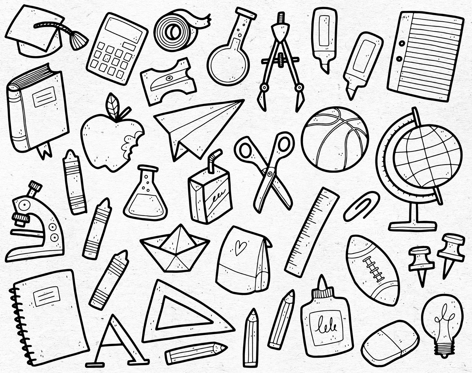 Bundle of 37 Back to School Line Art Doodles / Digital Clip Art ...