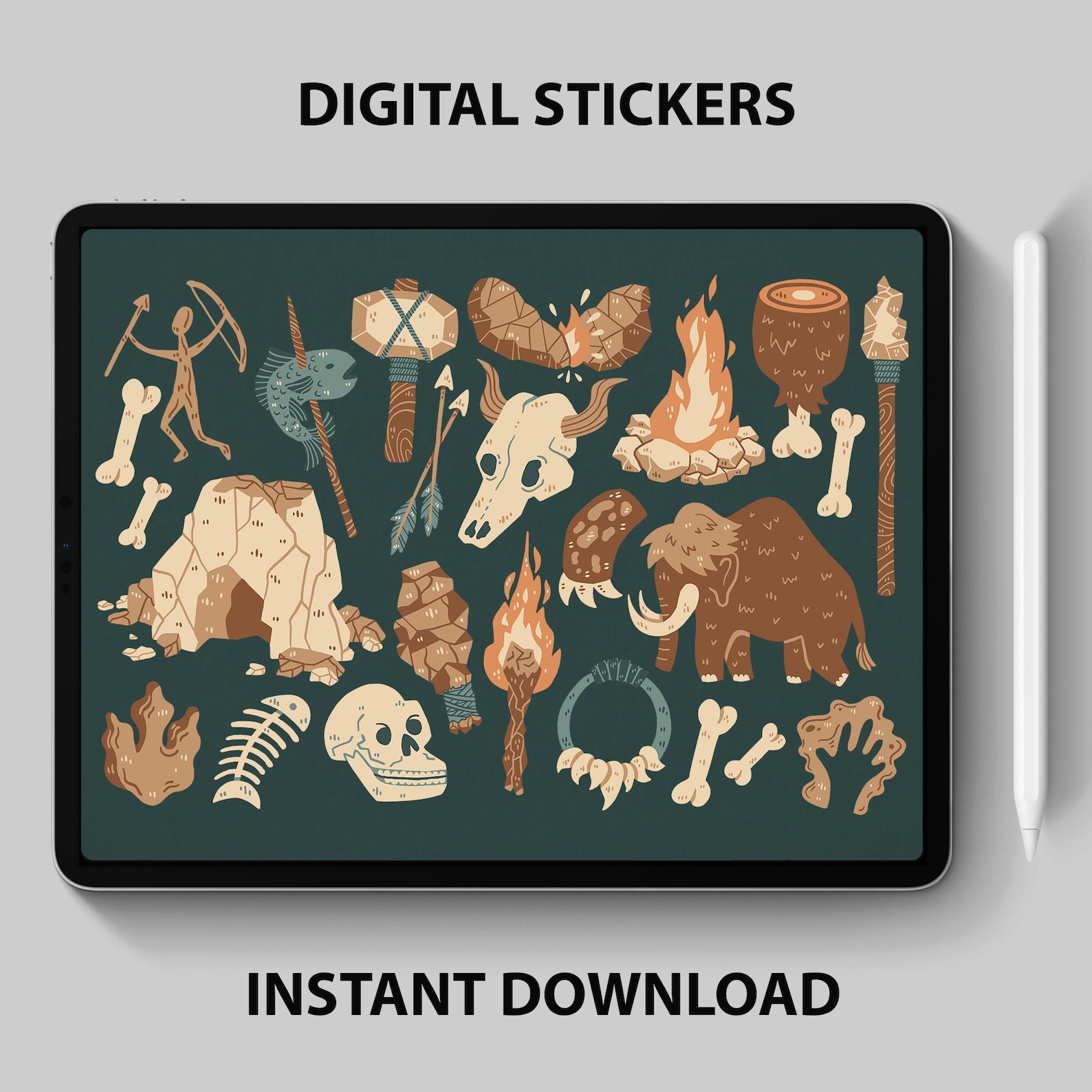 Prehistoric Era Digital Stickers – Stone Age, Flintstone, Mammoth, Cave ...
