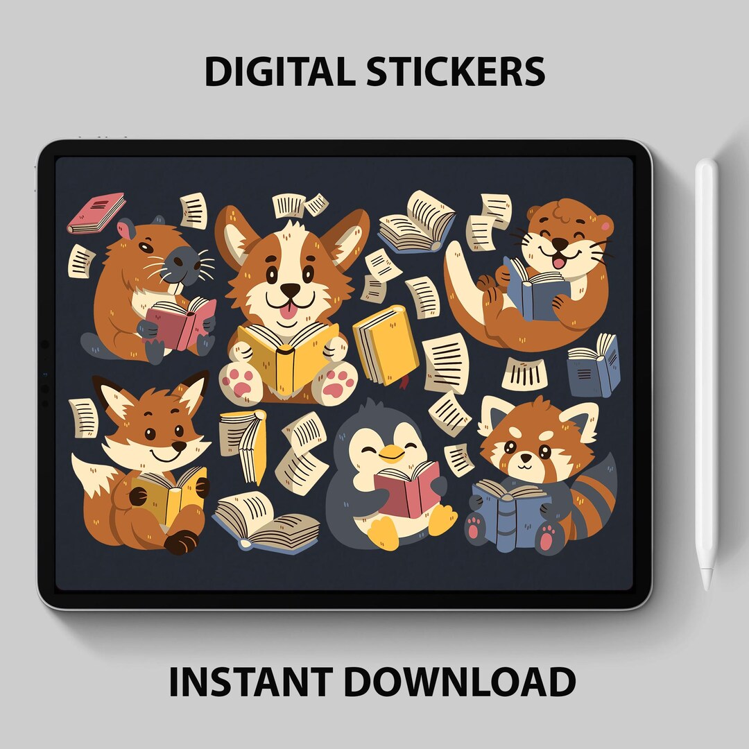 Reading Animals Digital Stickers - Cute Bookish Clipart, Goodnotes ...