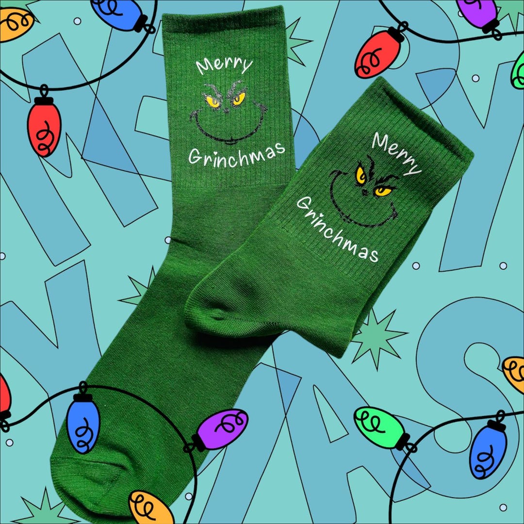 Ladies Socks With Vinyl Grinch Face and Merry Grinchmas Design, Bn ...