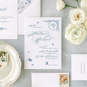 French Blue Floral Wedding Invitation, Monogram Wedding Invitation ...