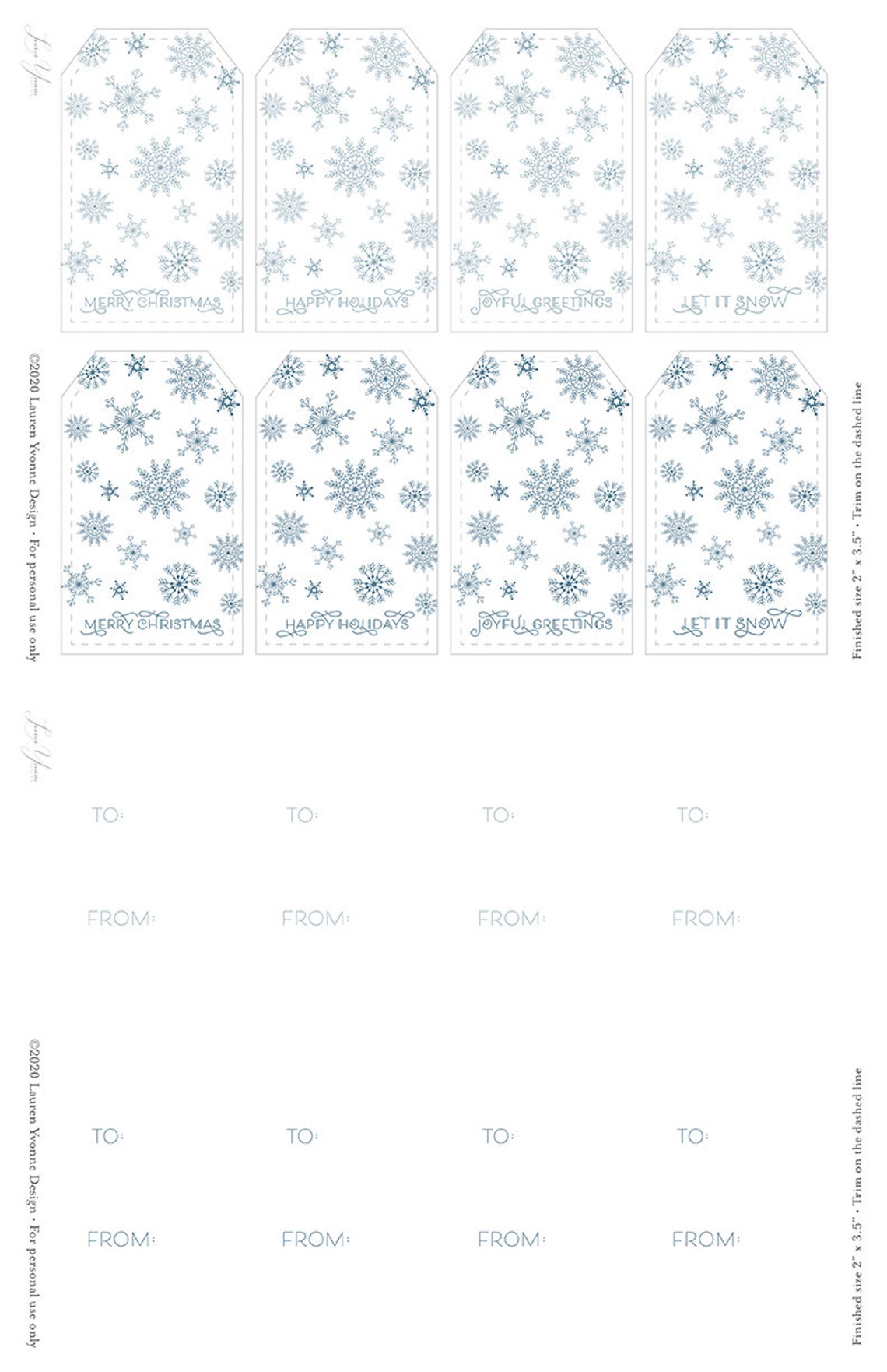 Printable Snowflake Christmas gift tags. Set of 8 DIY Holiday | Etsy