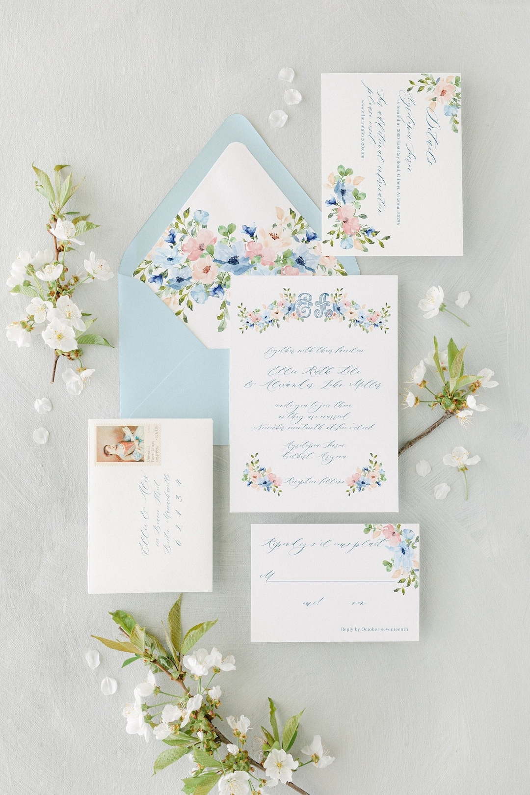 Watercolor Floral Wedding Invitation, Monogram Wedding Invitation ...