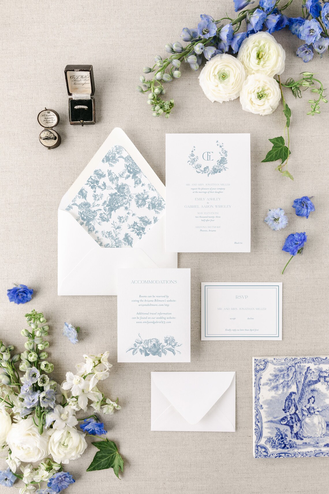 French Toile Dusty Blue Wedding Invitation Vintage Floral - Etsy