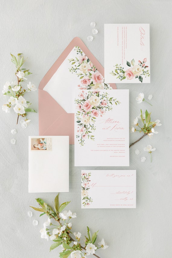 Blush Wedding Invitation Pink Wedding Invitation Watercolor | Etsy