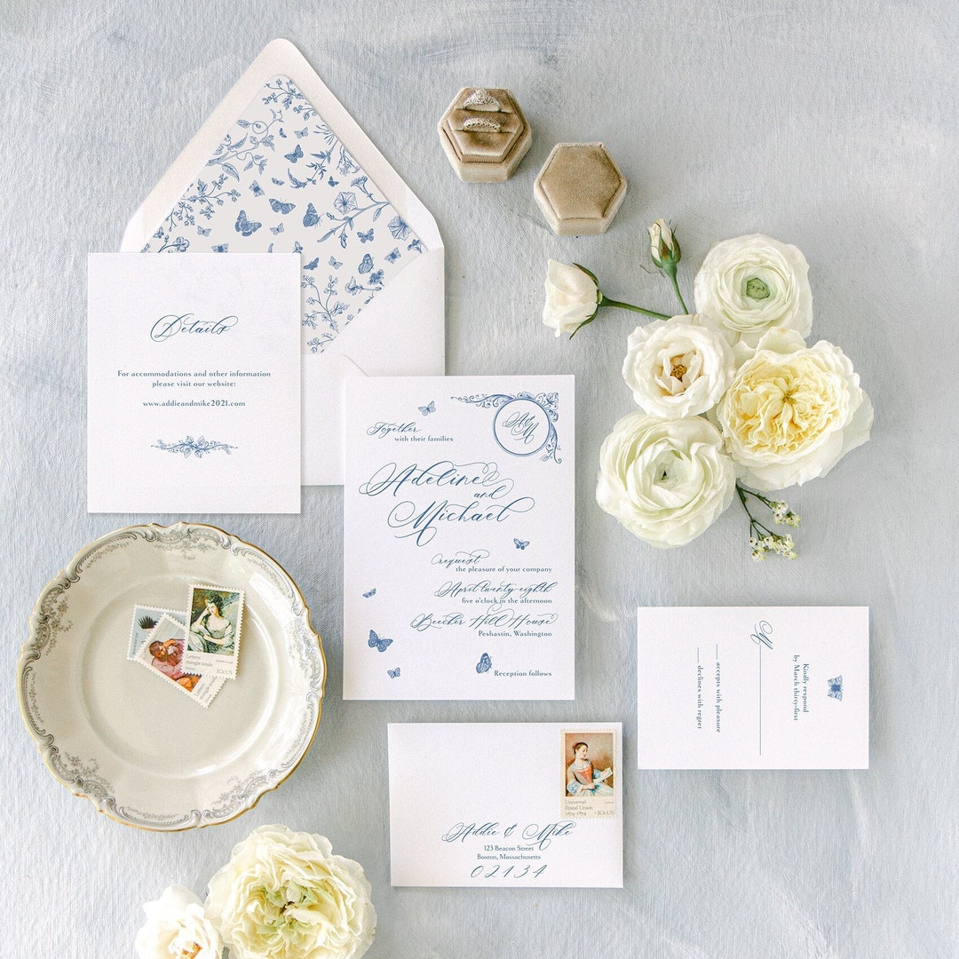 French Blue Floral Wedding Invitation, Monogram Wedding Invitation ...