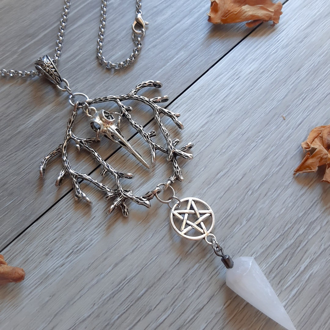 Pentacle Necklace Featuring Raven Skull and Selenite Crystals - Etsy