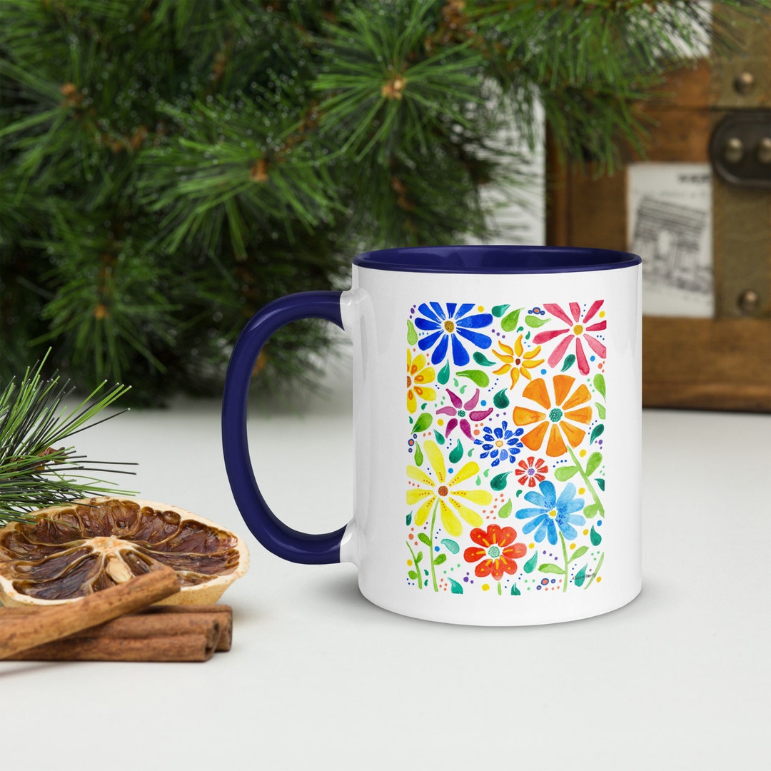 Watercolor Flowers Mug With Blue or Black Inside - Etsy