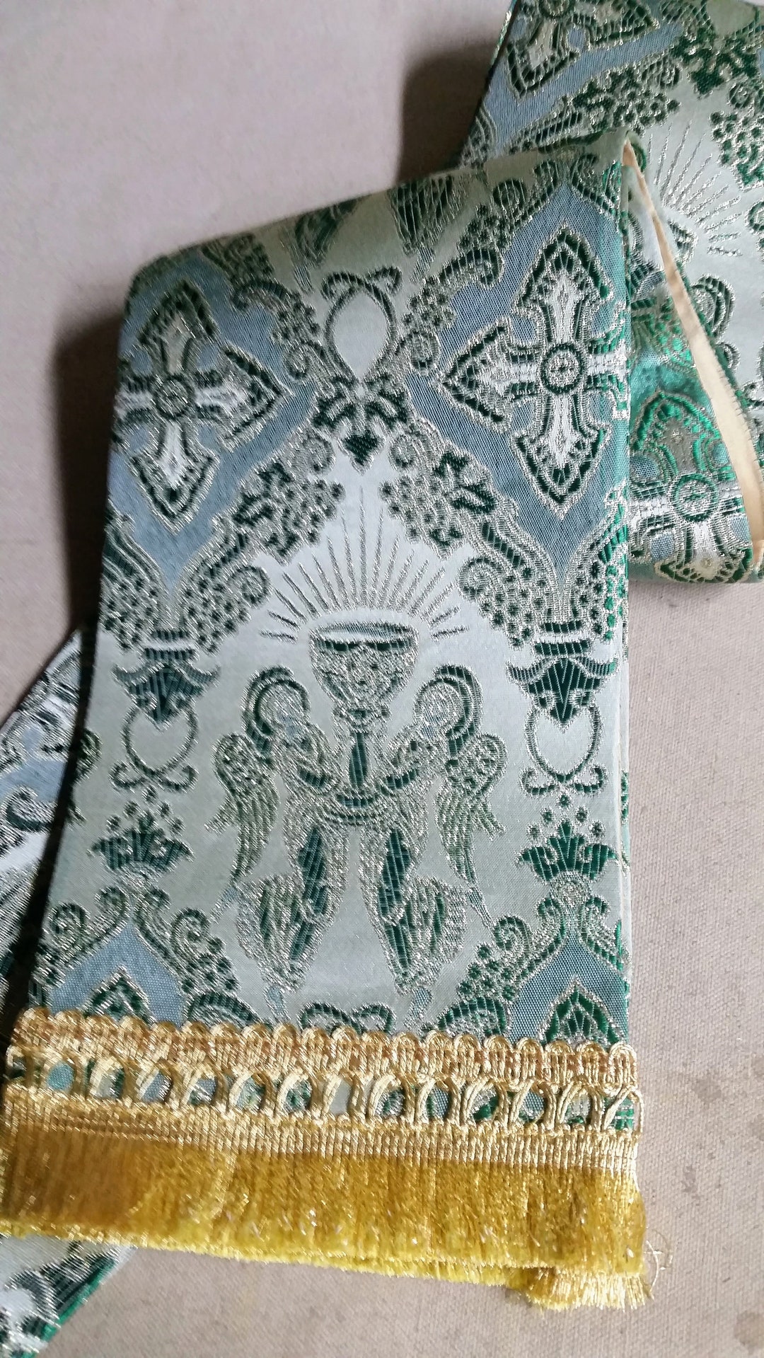 Clergy Stole Angel With Chalice Metallic Green & Gold Brocade Priest ...
