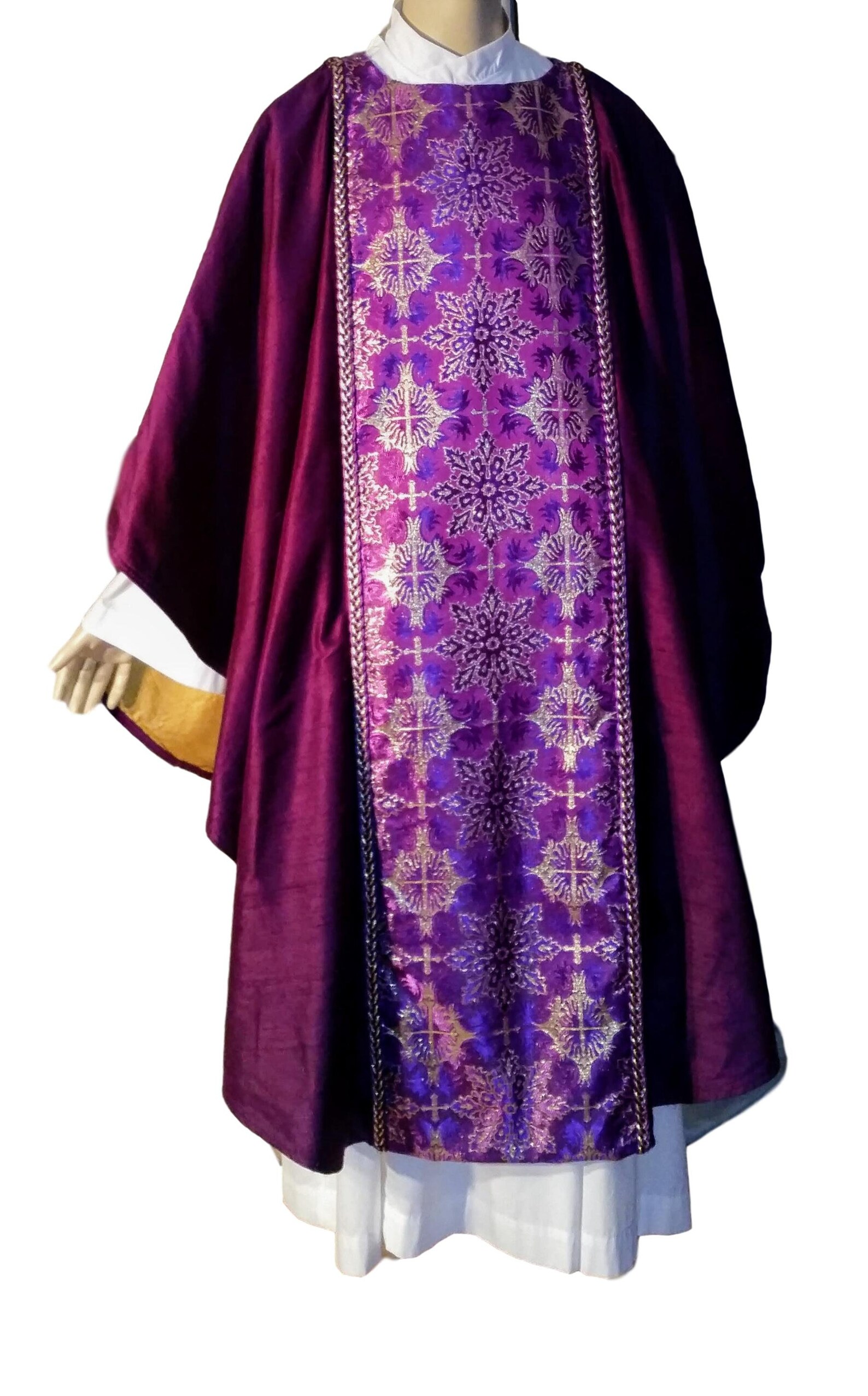 Handmade Purple Silk Chasuble With Metallic Gold & Purple Cross Orphrey ...
