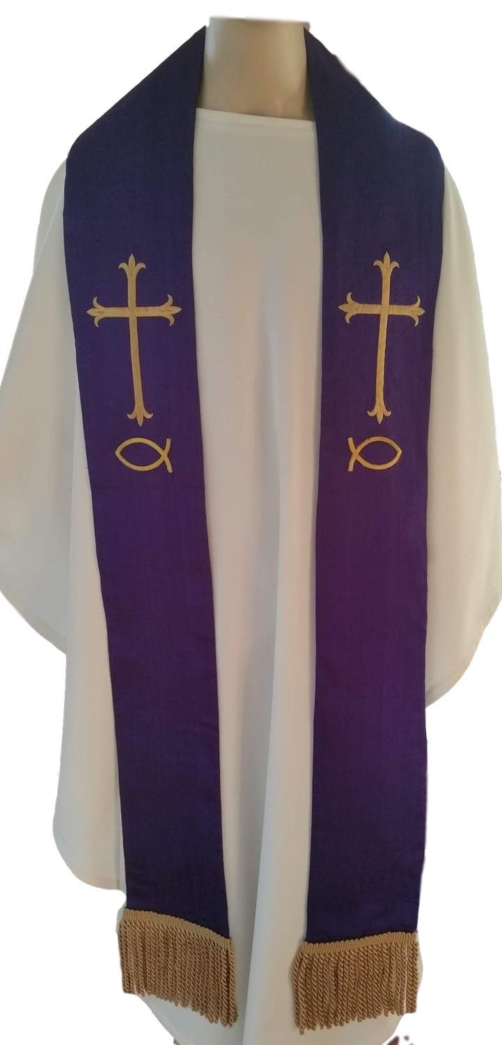 Handmade Purple Silk Clergy Stole With Cross & Fish Appliqués Nice Gift ...
