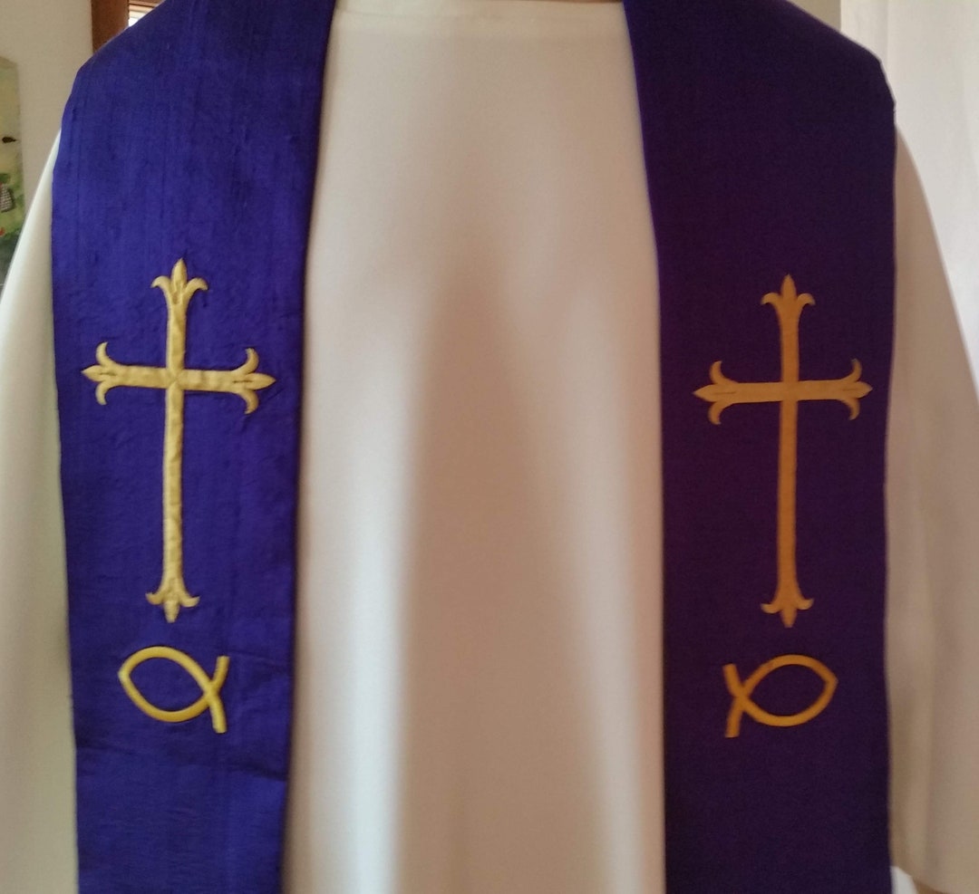 Handmade Purple Silk Clergy Stole With Cross & Fish Appliqués Nice Gift ...