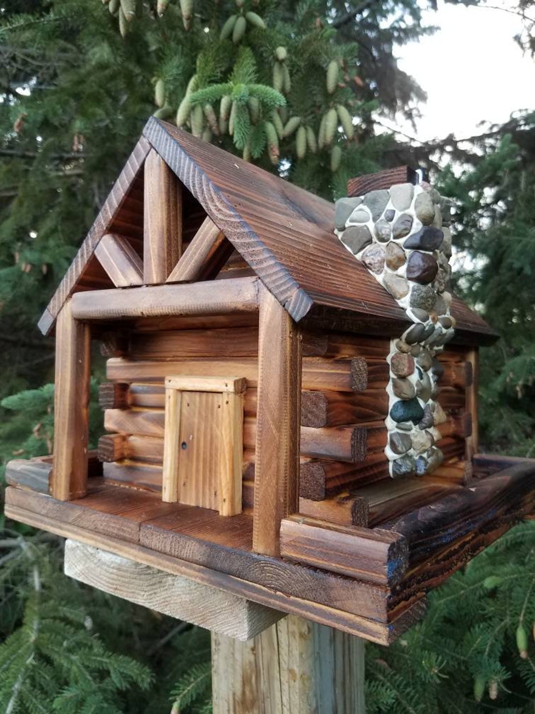 Bird Feeder, Log Cabin Style With Stone Covered Chimney - Etsy
