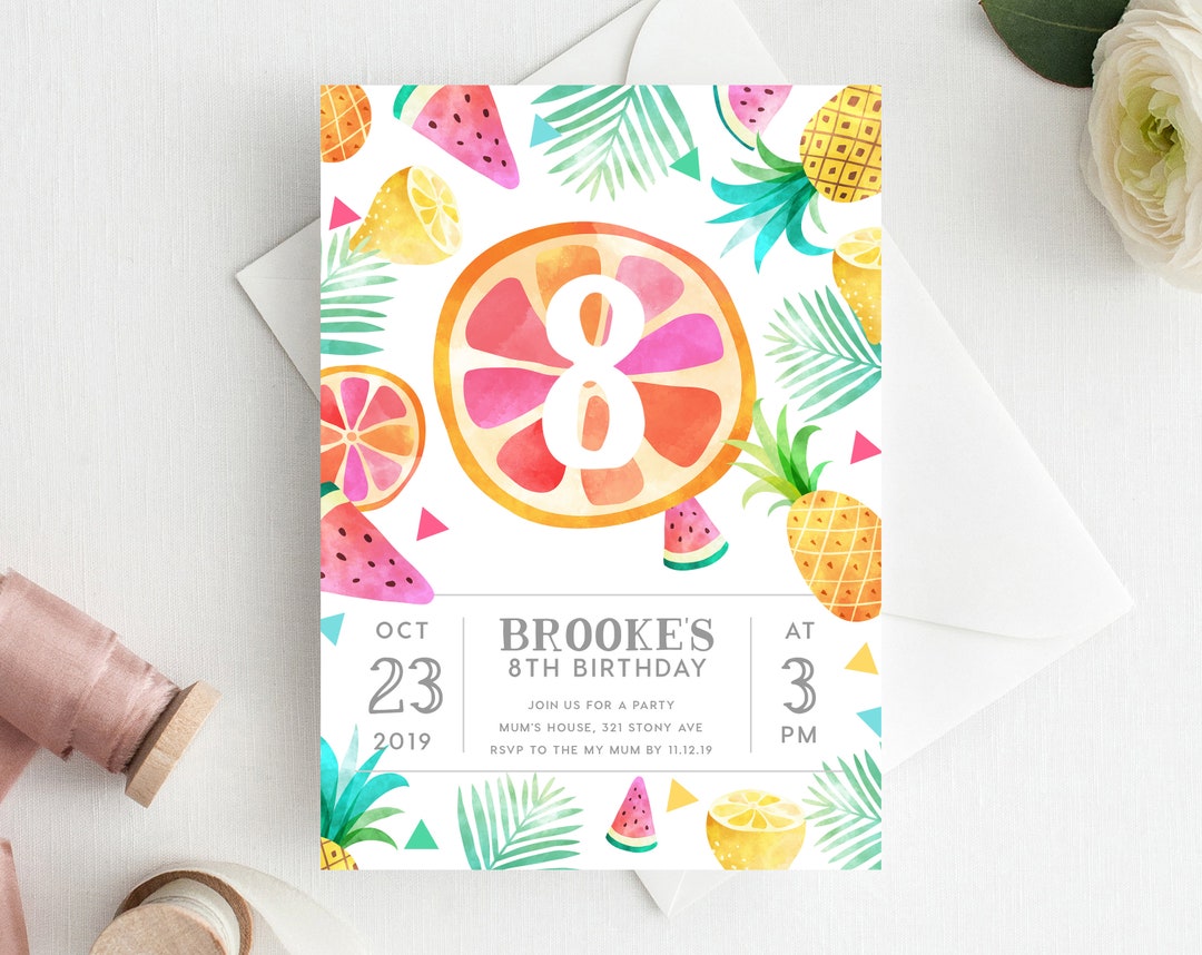 8th Birthday Invitation INSTANT DOWNLOAD Eighth Birthday Invite, Fruit ...