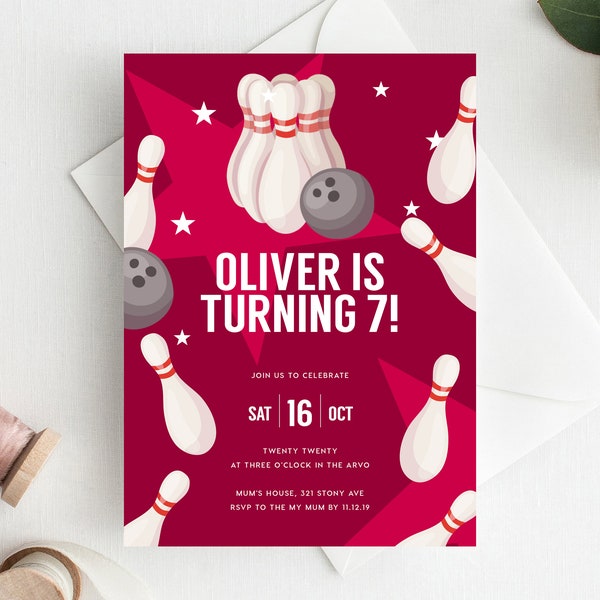 Bowling 7th Birthday Invitation - Etsy