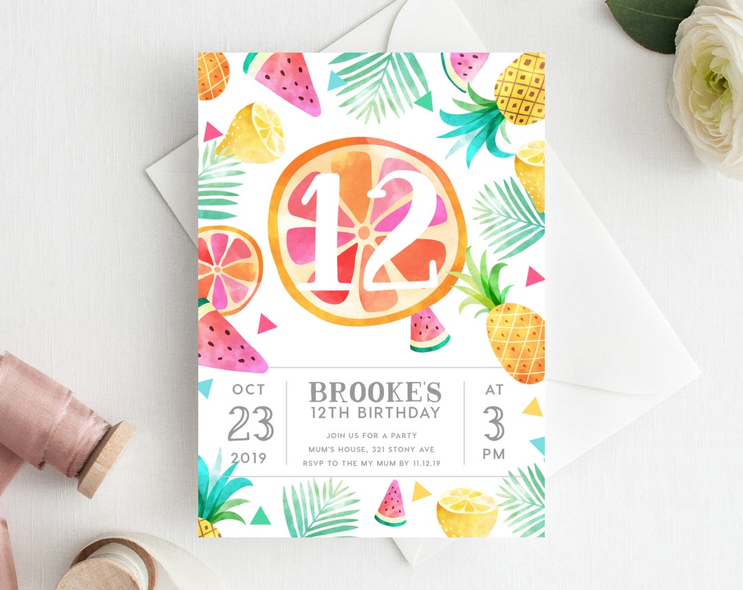 12th Birthday Invitation INSTANT DOWNLOAD Twelth Birthday Invite, Fruit ...