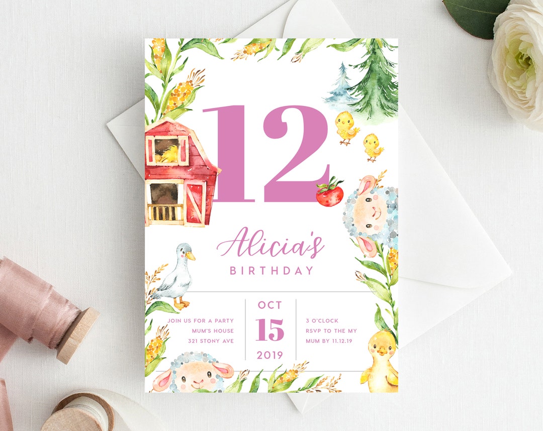 12th Birthday Invitation INSTANT DOWNLOAD Twelth Birthday Invite, Farm ...